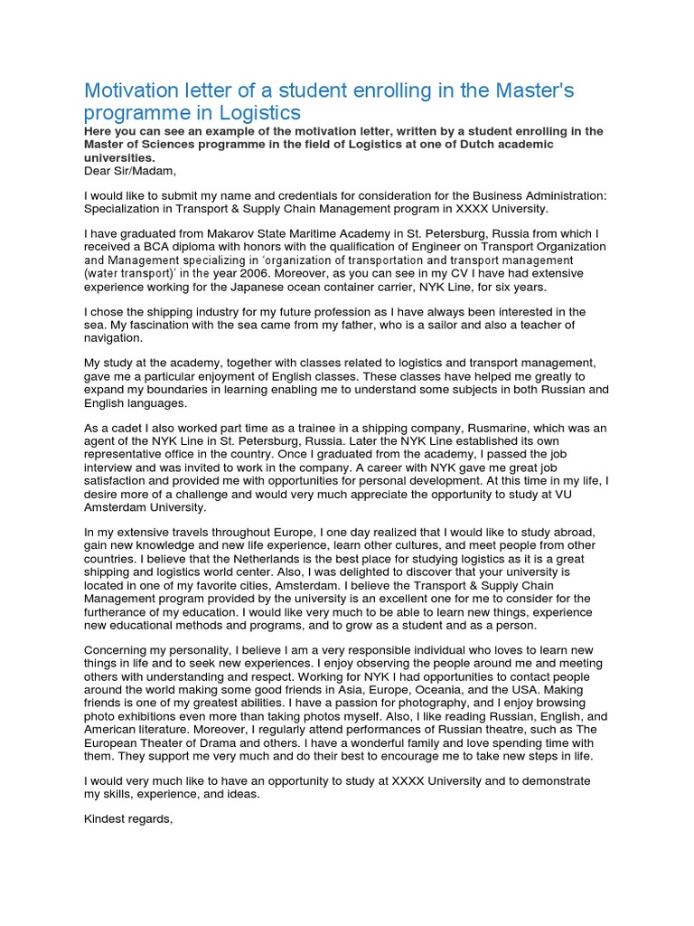 Motivation Letter of A Student Enrolling in The Master's Programme in ...