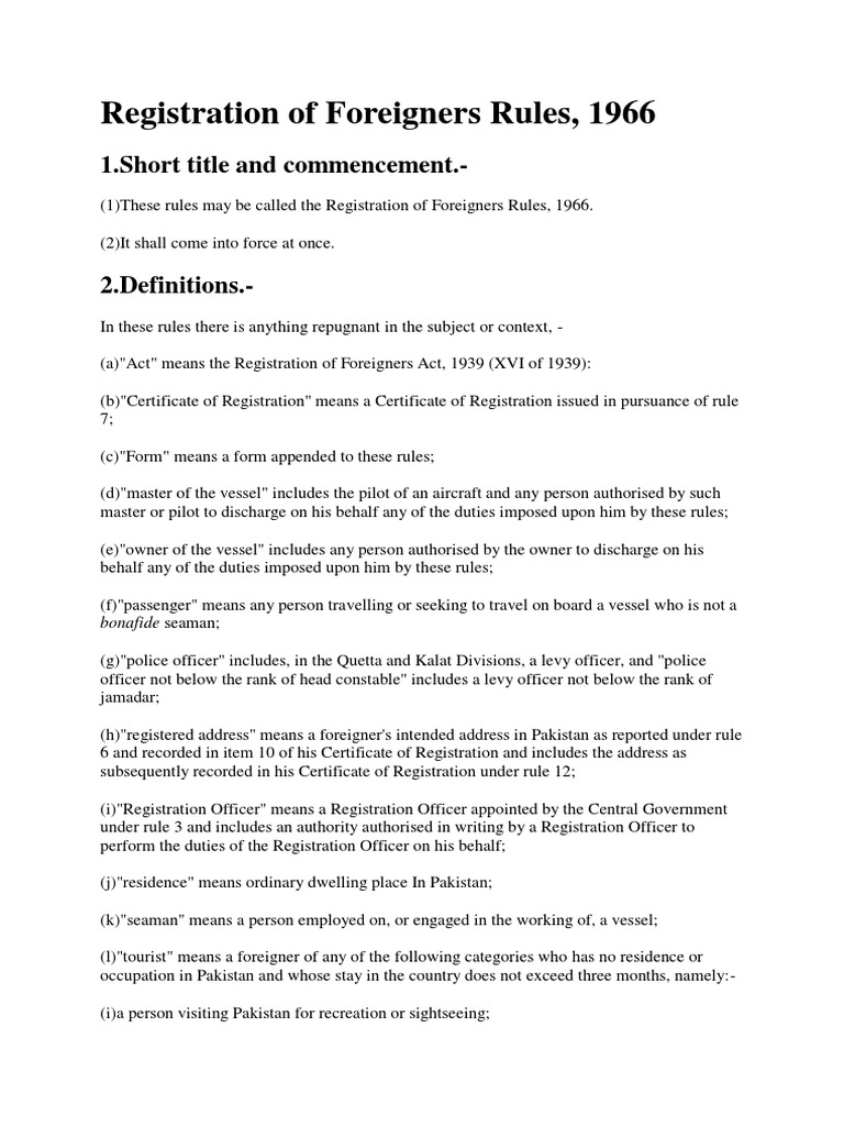 Registration of Foreigners Rules, 1966 | PDF | Identity Document | Passport