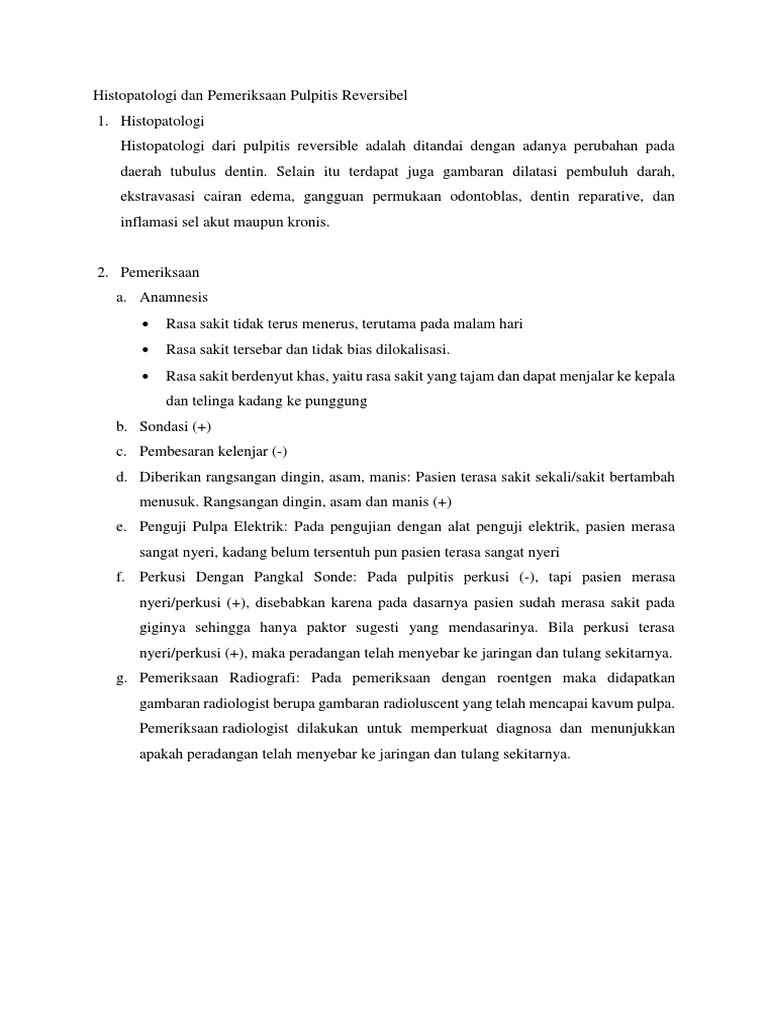 Histopatologi dan Diagnosis Pulpitis Reversibel | PDF