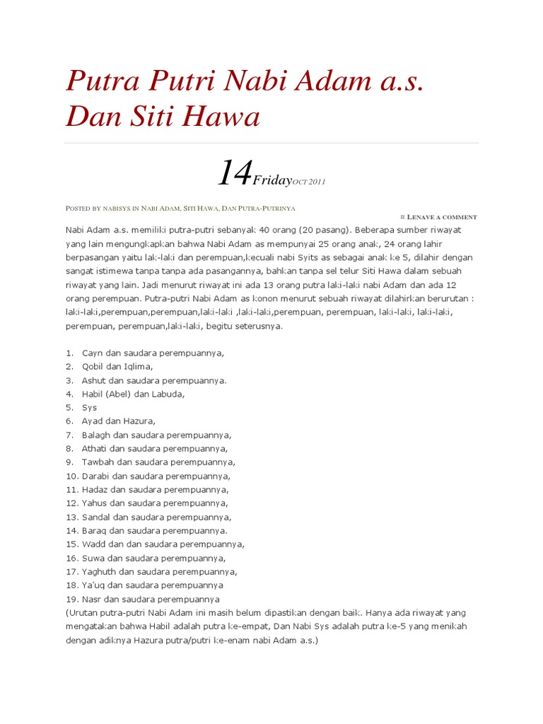 Putra Putri Nabi Adam A | PDF