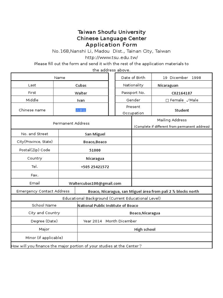 Application Form: Taiwan Shoufu University Chinese Language Center ...