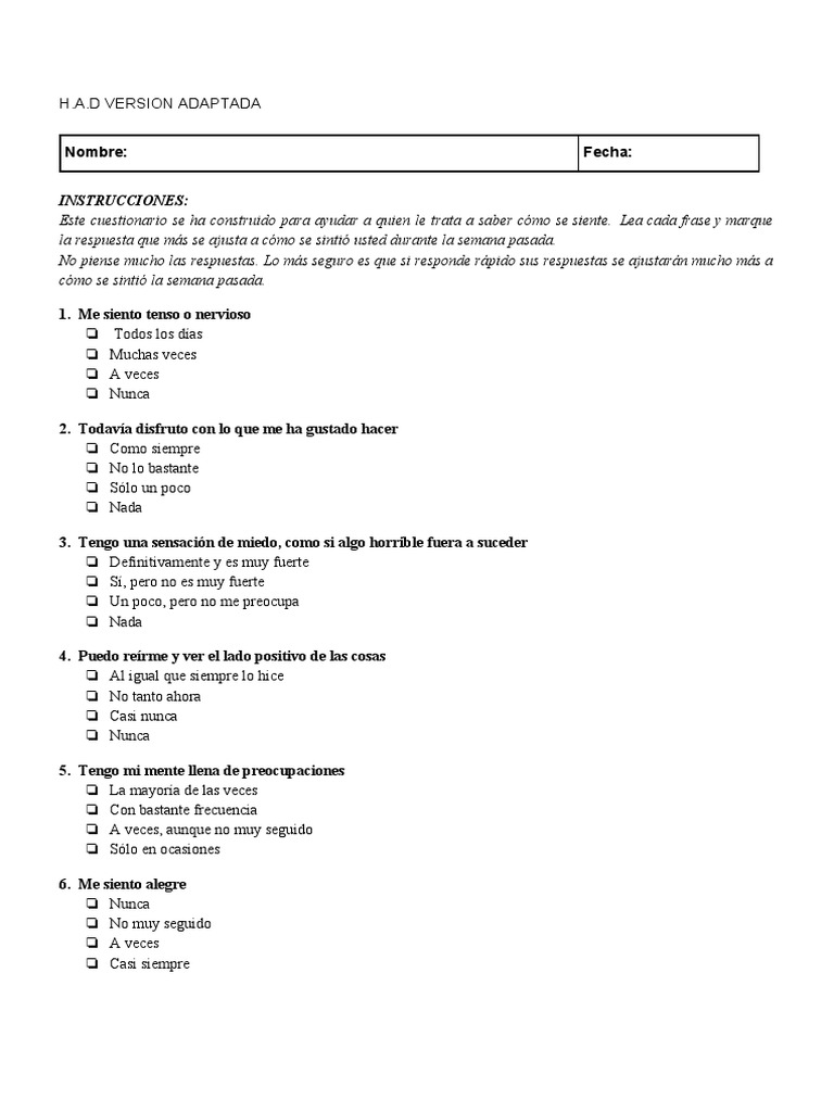 Cuestionario H.A.D.S. Adaptado en Español | PDF