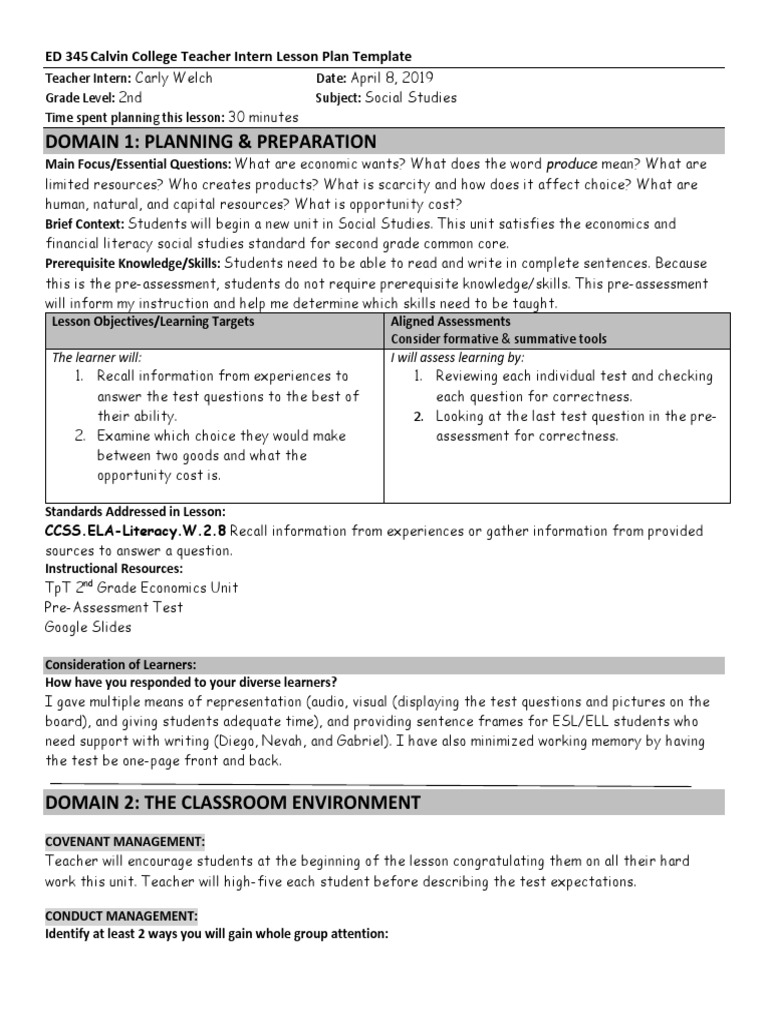 Domain 1: Planning & Preparation: ED 345 Calvin College Teacher Intern ...