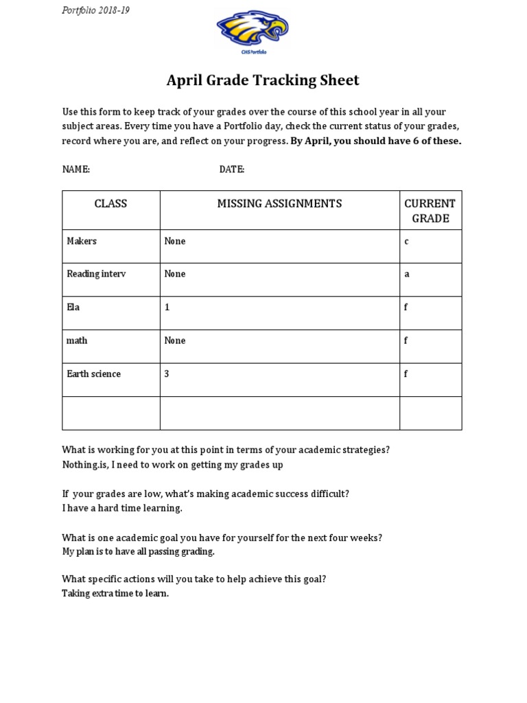 April Grade Tracking Sheet | PDF