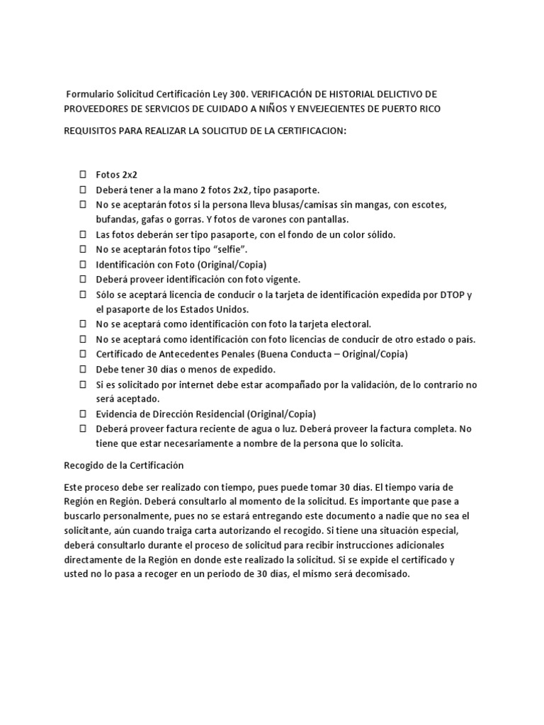 Formulario Solicitud Certificación Ley 300 | PDF
