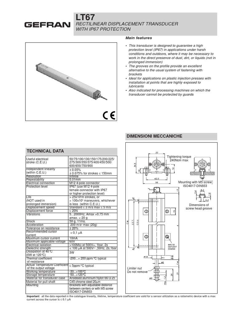 Rectilinear Displacement Transducer With Ip67 Protection: Dimensioni ...