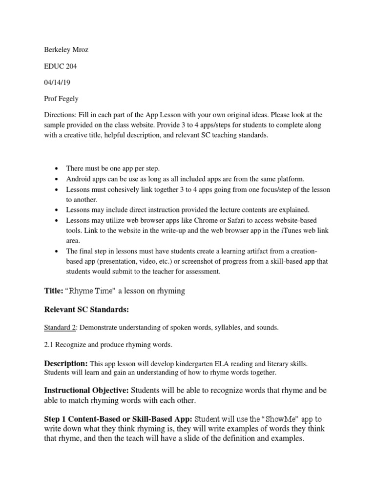 Title: "Rhyme Time" A Lesson On Rhyming Relevant SC Standards | PDF ...