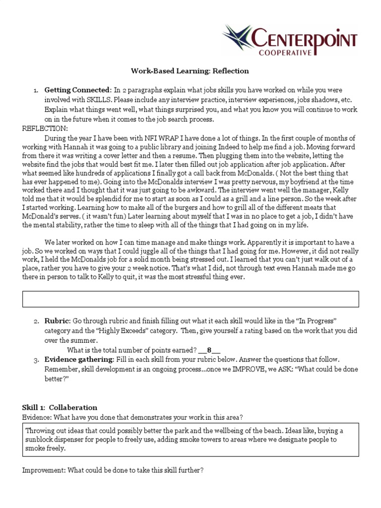 Work-Based Learning: Reflection | PDF | Psychological Concepts ...
