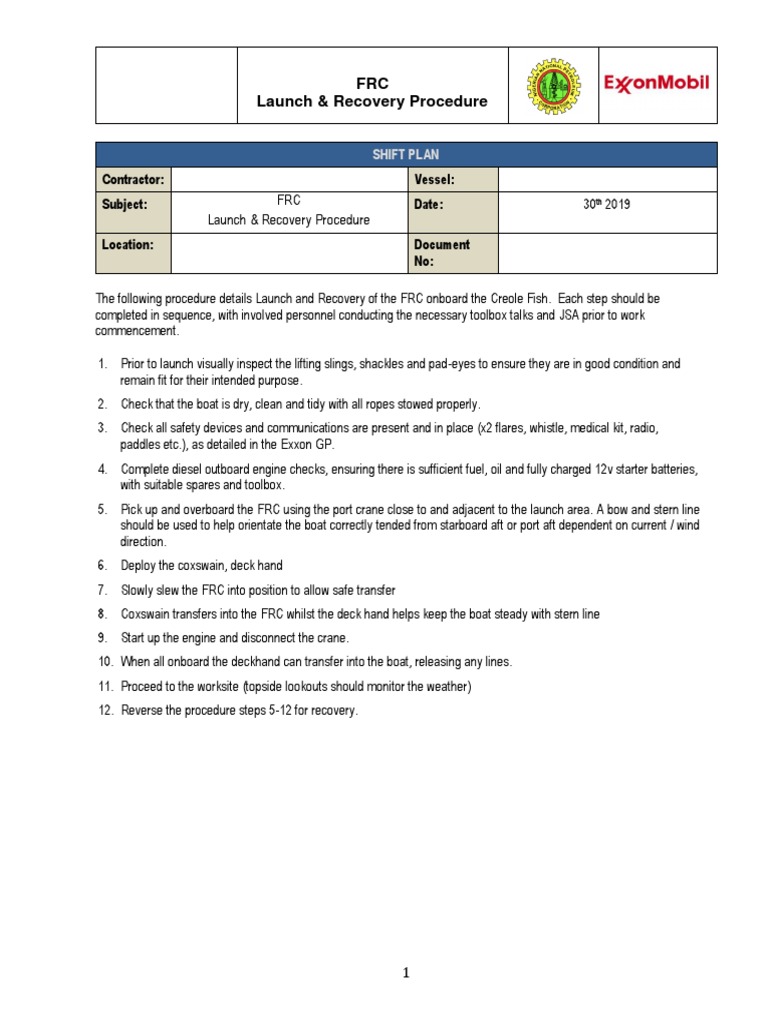 FRC Launch & Recovery Procedure: Contractor: Vessel: Subject: Date ...