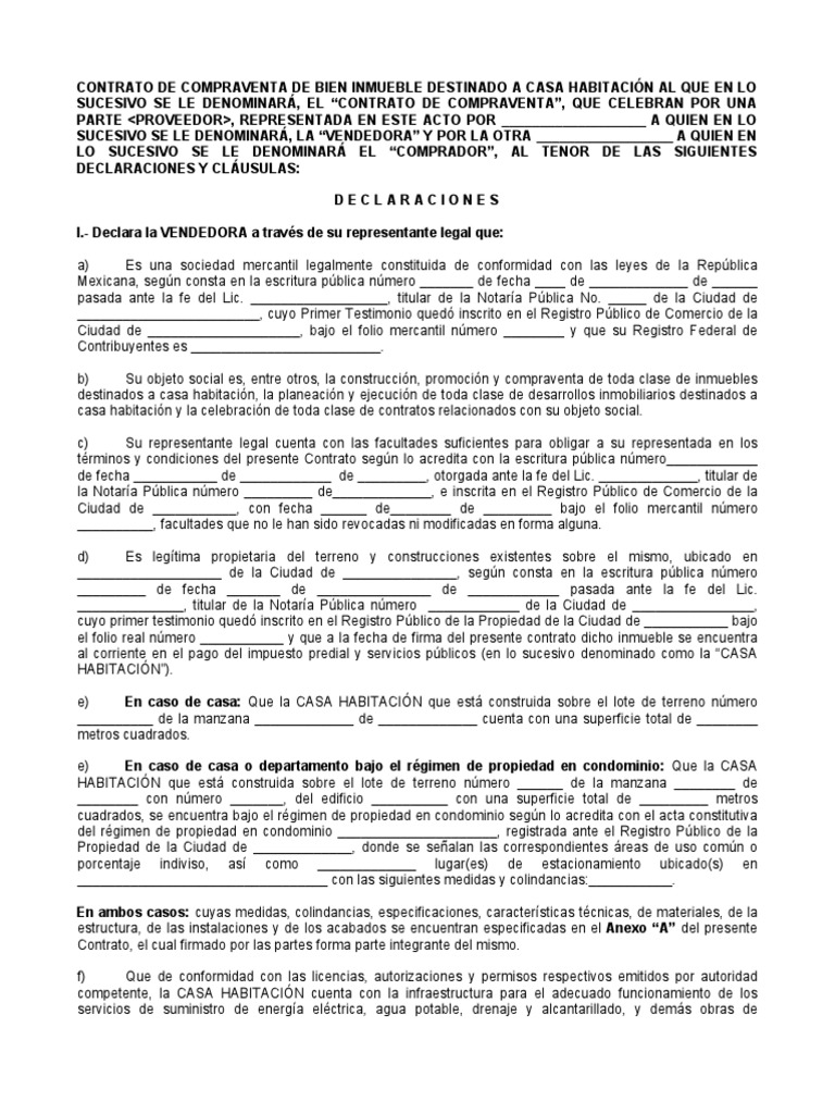 Compraventa De Bien Inmueble Destinado A Casa Habitacion Profeco Pdf