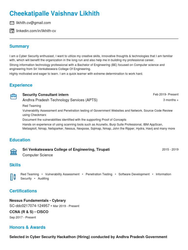 Cheekatipalle Vaishnav Likhith: Security Consultant Intern | PDF | Computers