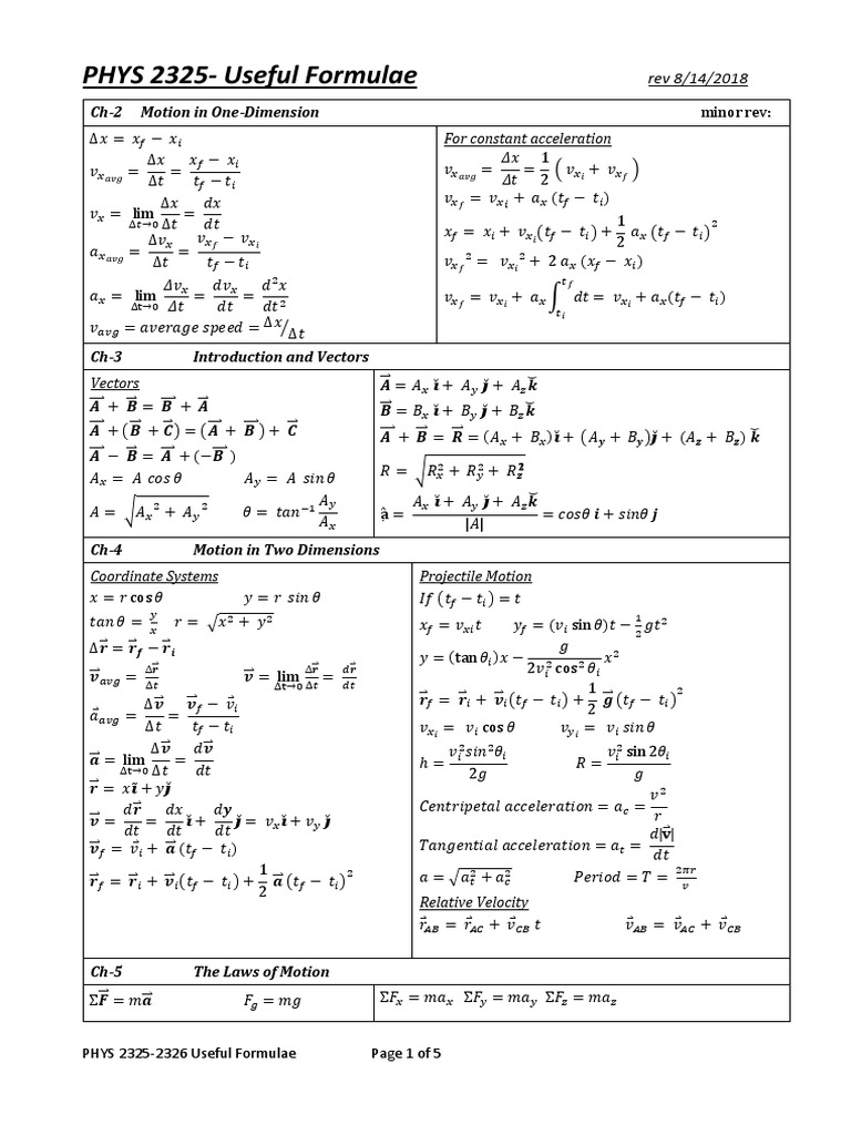 PHYS 2325-Useful Formulae: For Constant Acceleration | PDF | Electronvolt | Gases