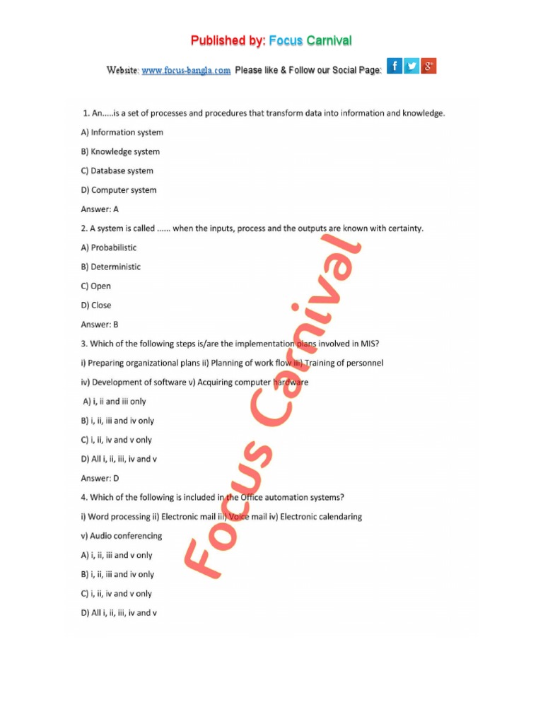 Multiple Choice Questions (MCQ) With Answers On Management Information ...