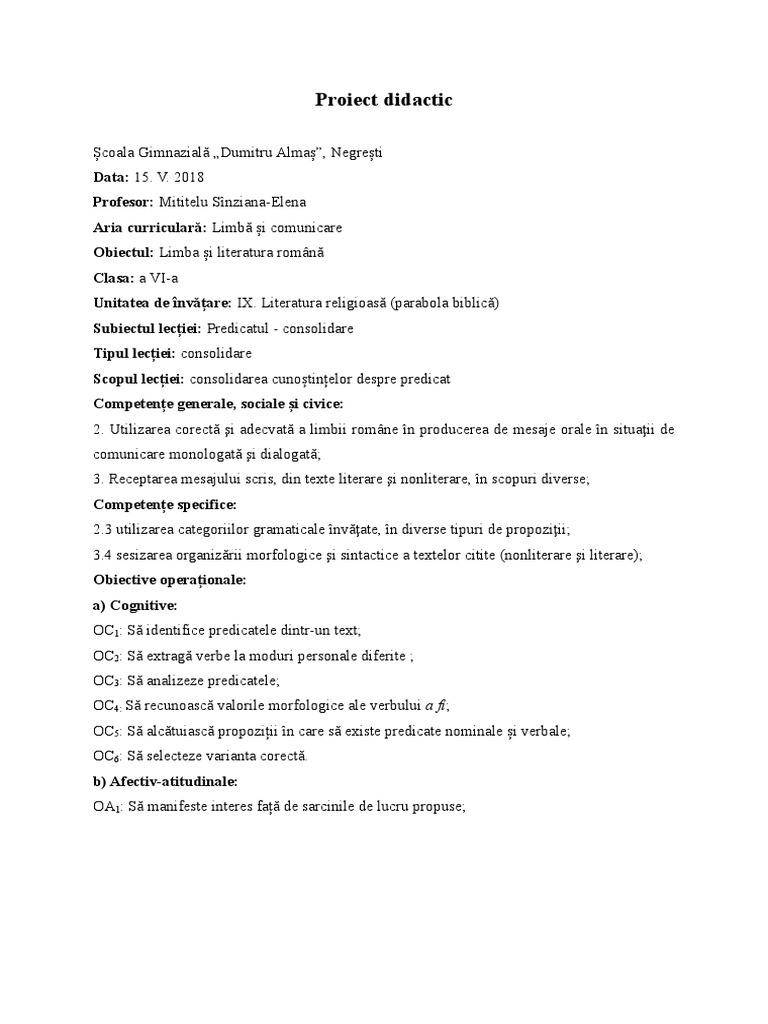 Proiect Didactic VI Consolidare Predicatul | PDF