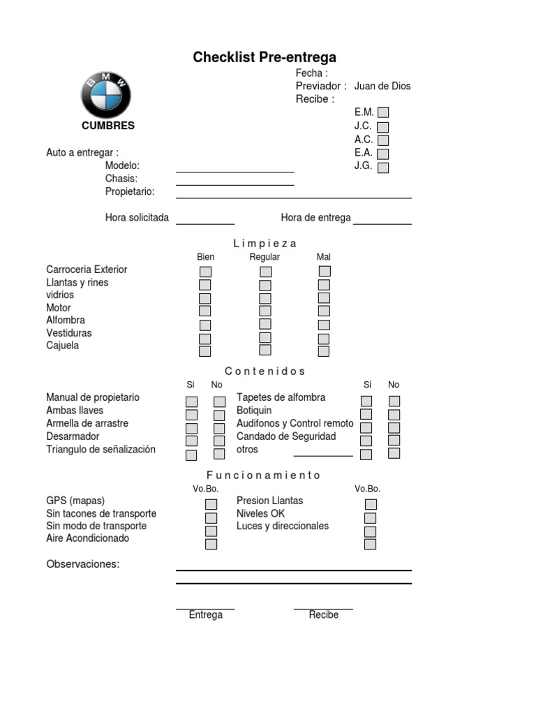 Checklist Pre-Entrega BMW | PDF