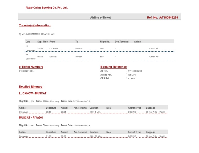 Akbar Online Booking Itinerary Details | PDF