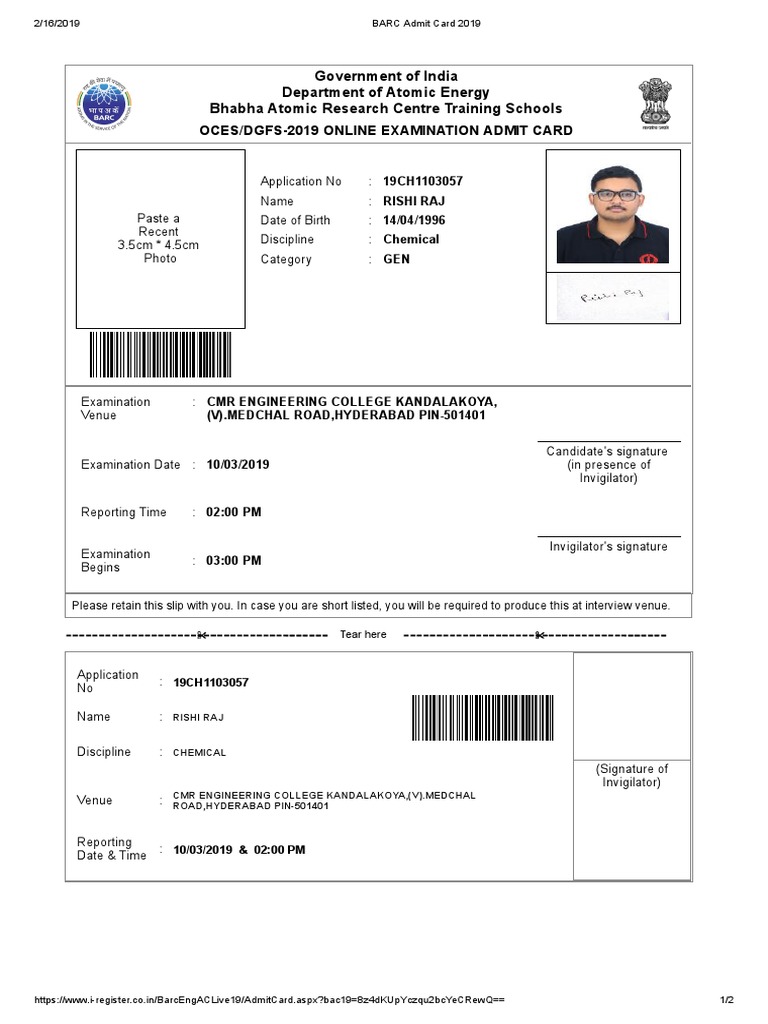 BARC Admit Card 2019 | PDF | Identity Document