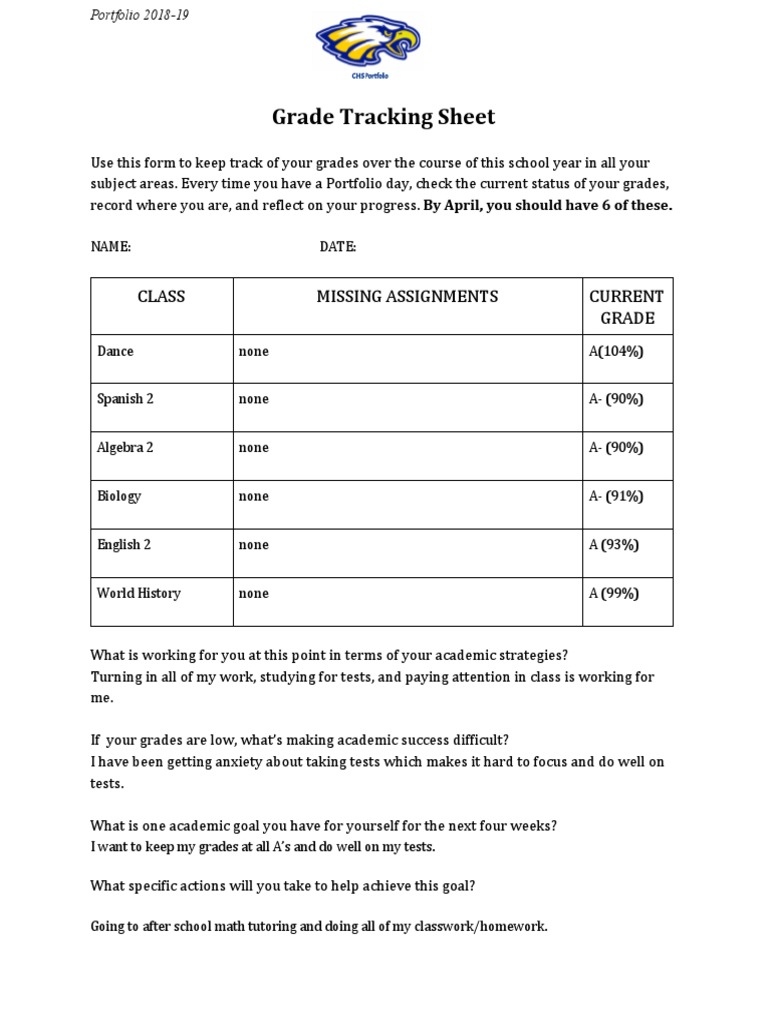 2018 Grade Tracking Sheet 1 | PDF