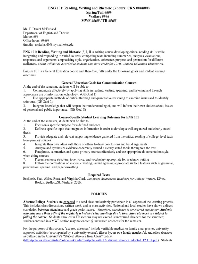 ENG 101 Syllabus | PDF | Rubric (Academic) | Accessibility