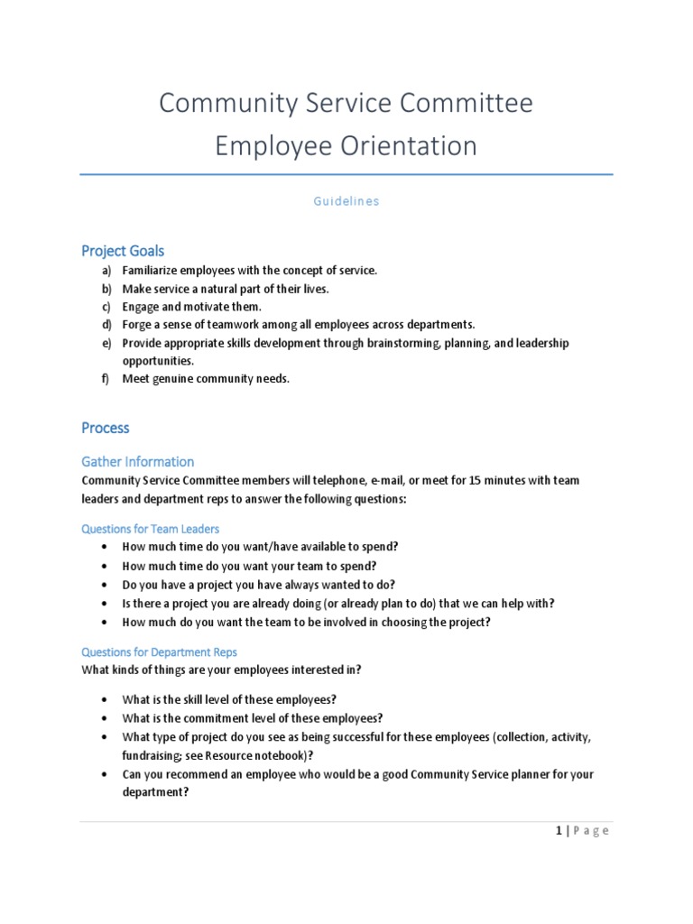 Community Service Committee Employee Orientation: Project Goals | PDF ...