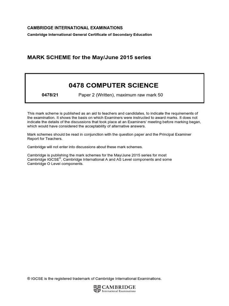 0478 Computer Science: MARK SCHEME For The May/June 2015 Series | PDF ...