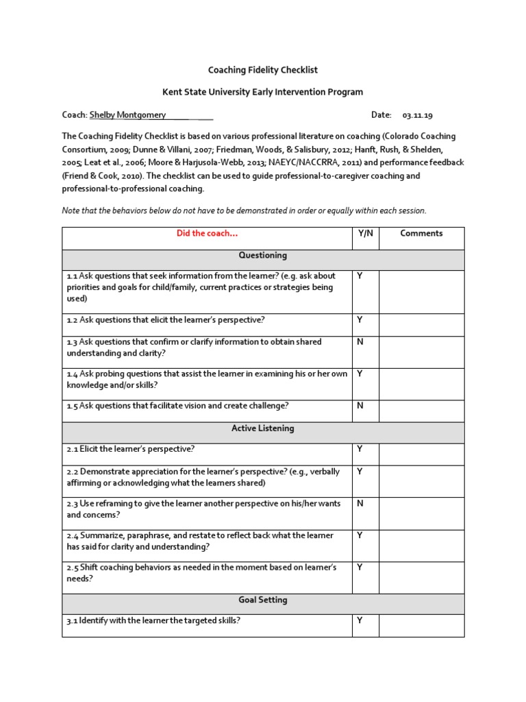 Coaching Fidelity Checklist Kent State University Early Intervention ...