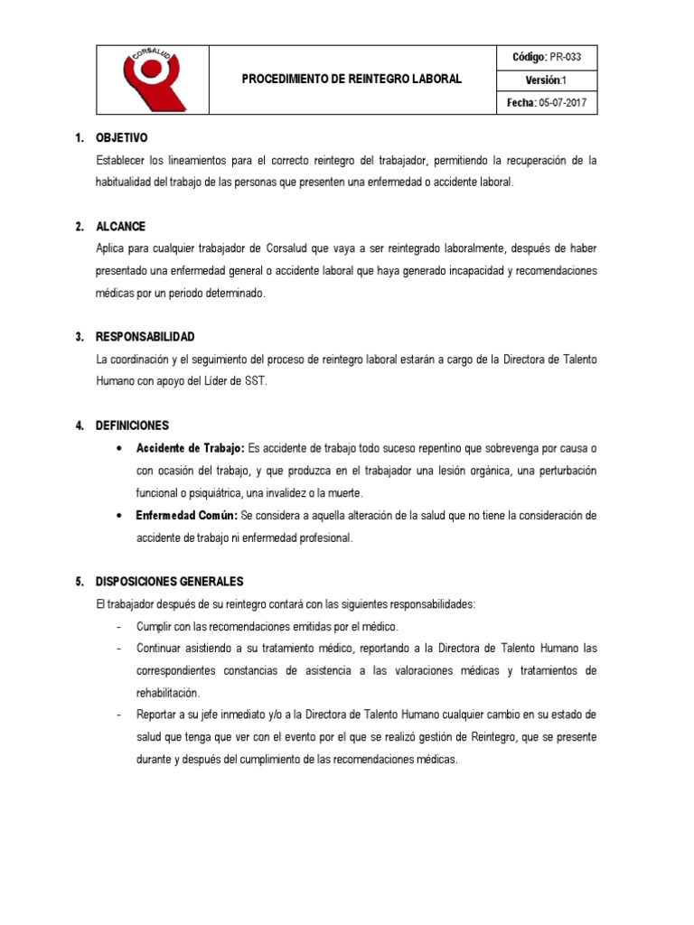 Procedimiento de Reintegro y Reubicacion Laboral | PDF | Especialidades Medicas | Medicina CLINICA