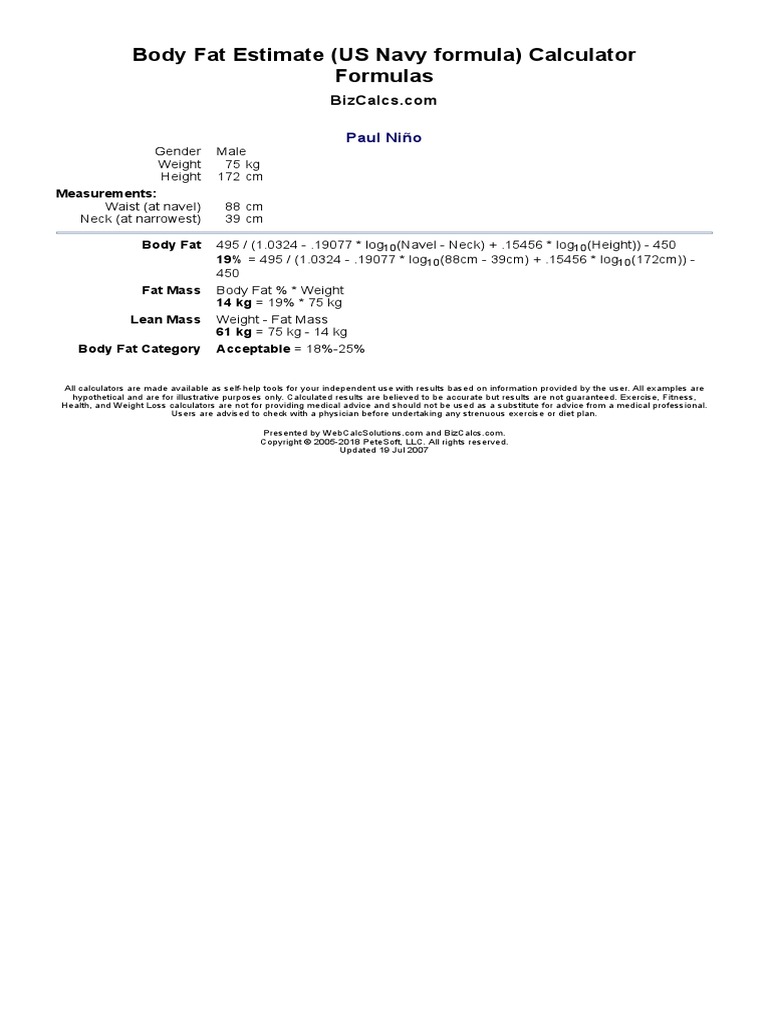 Body Fat Estimate (US Navy Formula) Calculator Formulas | PDF | Food ...