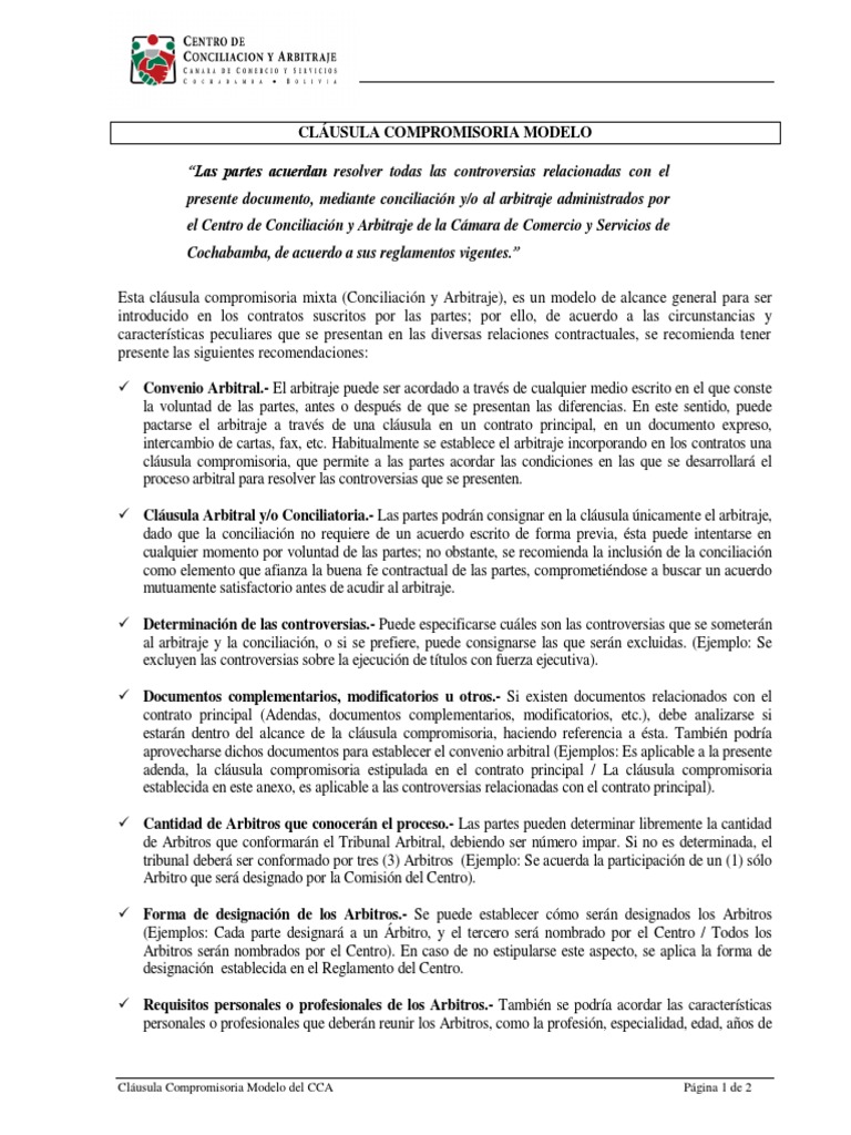 Modelo de Cláusula Compromisoria CCA | PDF | Arbitraje | Justicia