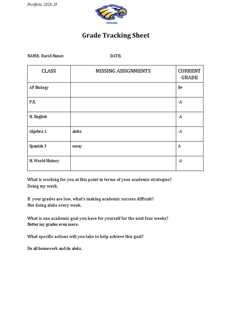 6th 2018 Grade Tracking Sheet | PDF