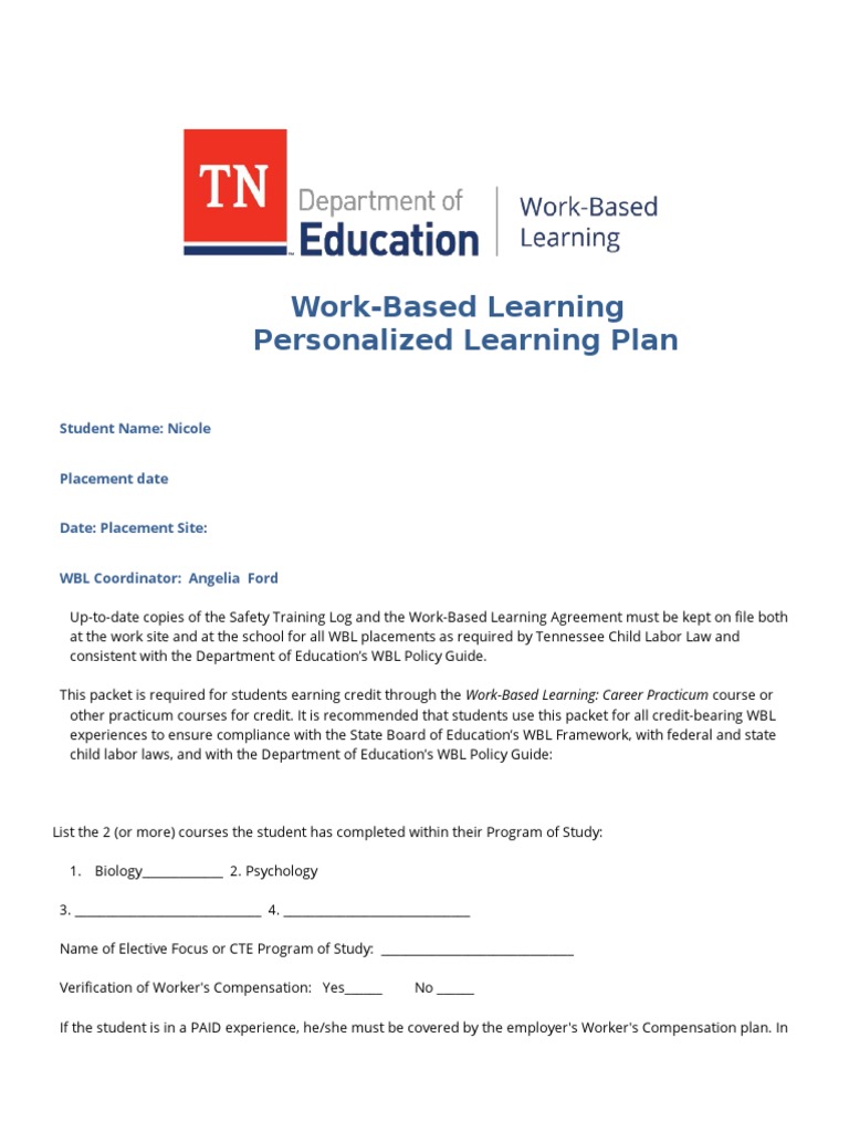 Personalized Learning Plan Packet For WBL Word Corrected | PDF ...