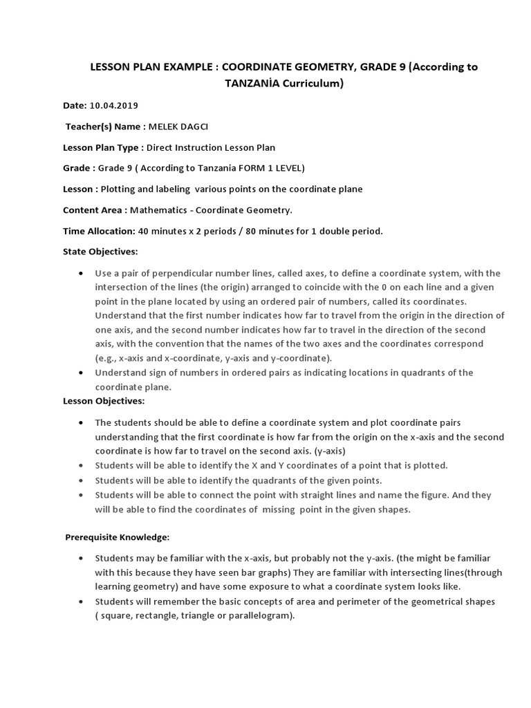 Lesson Plan Example: Coordinate Geometry, Grade 9 (According To ...