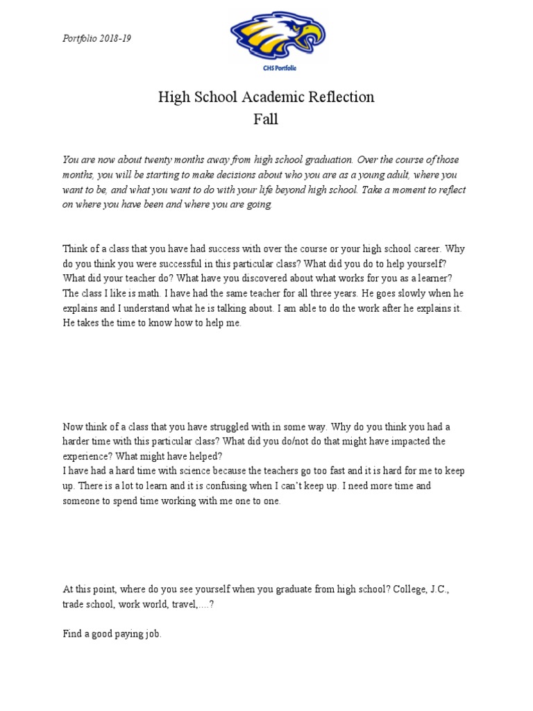 Copy of Fall High School Academic Reflection | PDF