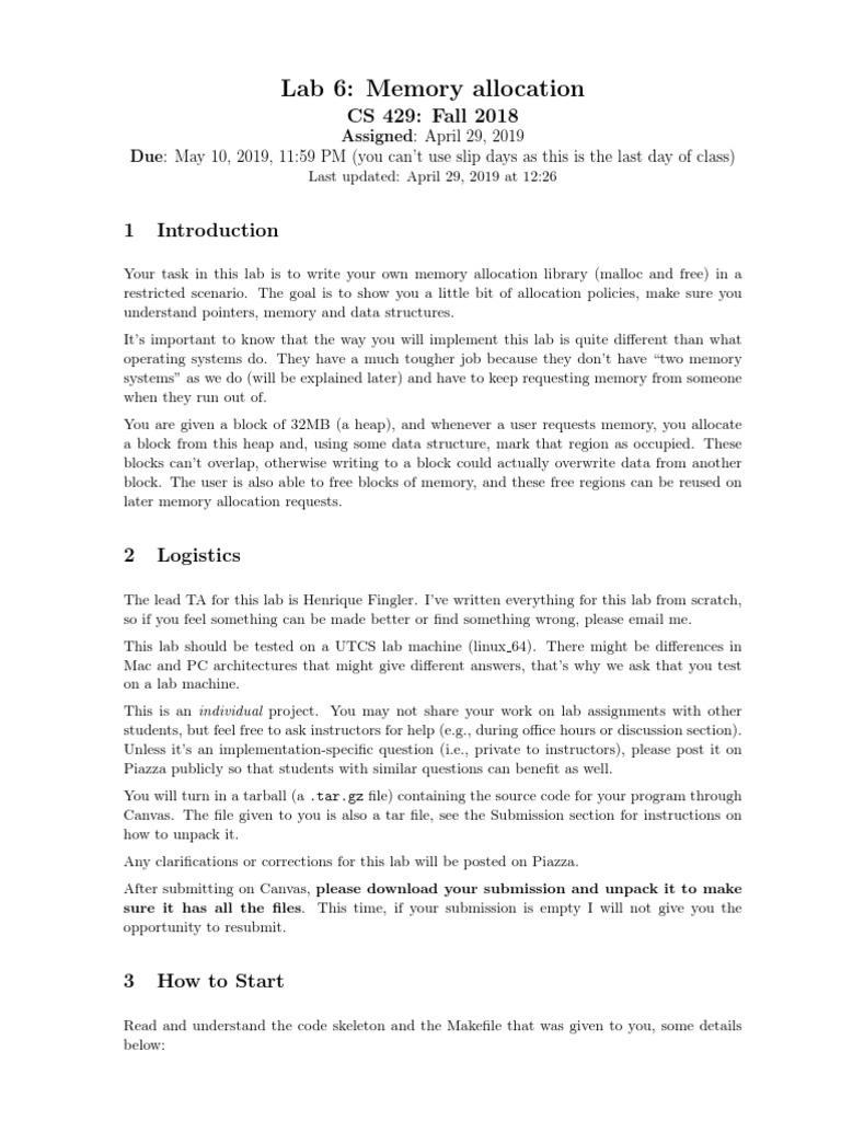 Lab 6: Memory Allocation: CS 429: Fall 2018 | PDF | Pointer (Computer ...