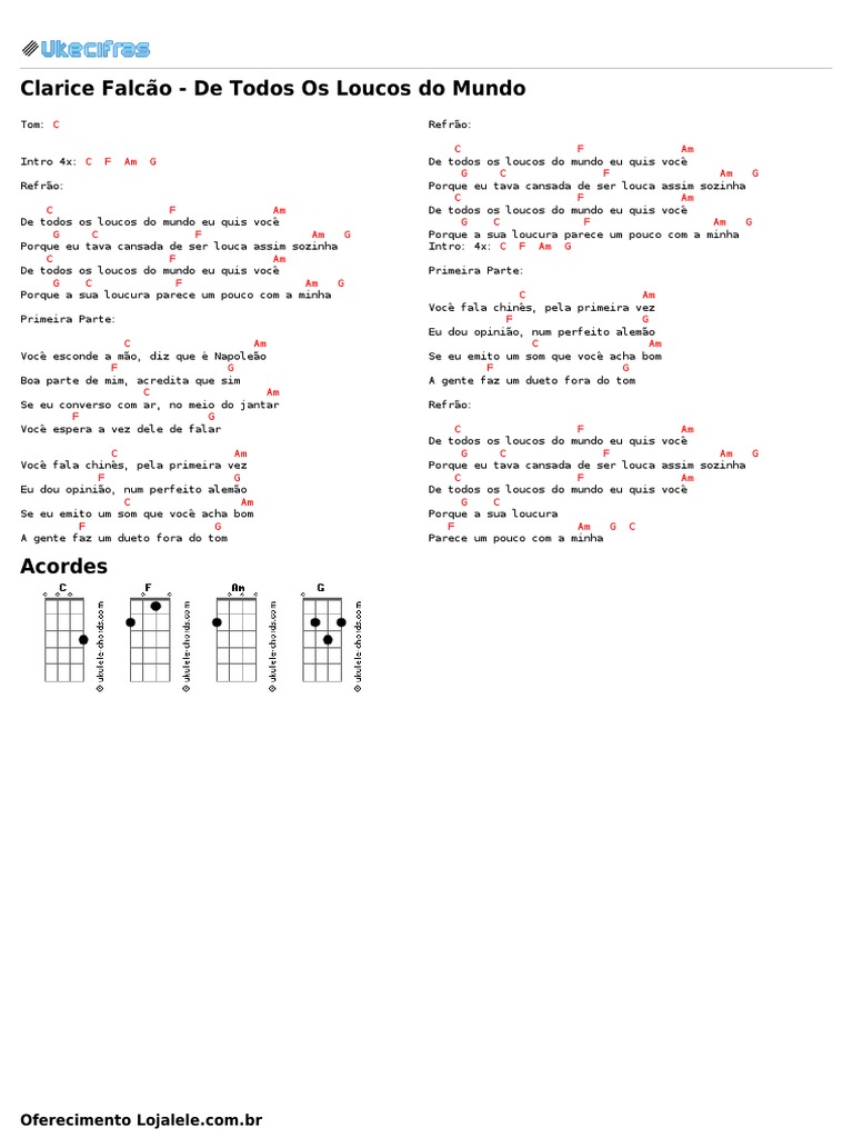 Clarice Falcão - de Todos Os Loucos Do Mundo (Uke Cifras) | PDF | Lazer ...