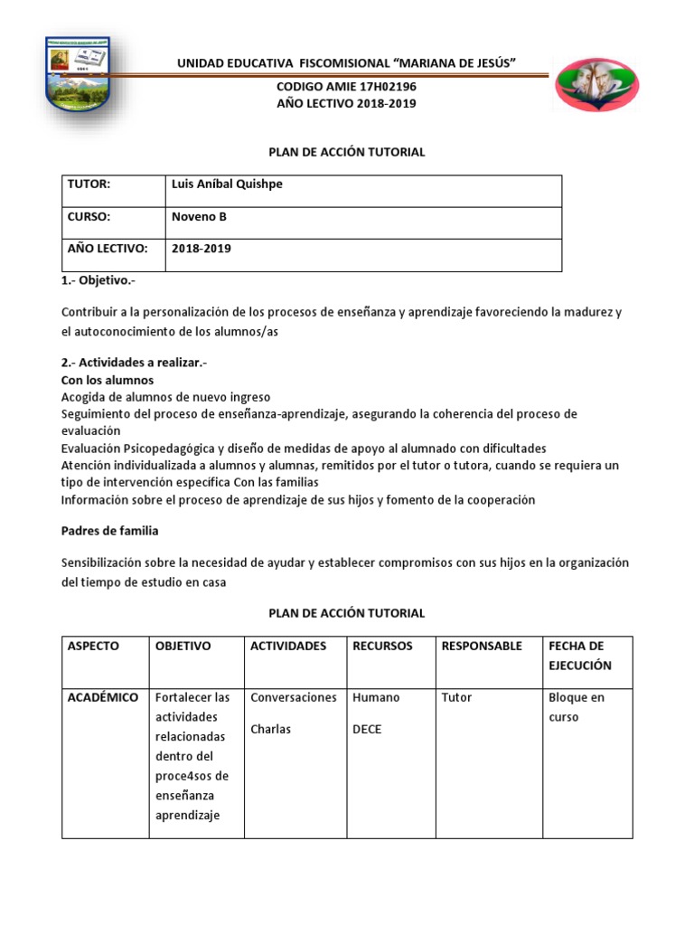 Plan de Accion Tutorial | PDF | Maestros | Evaluación
