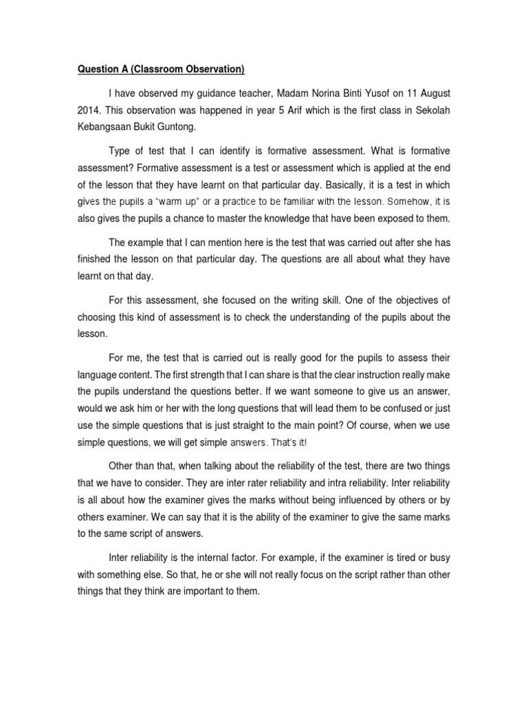 Question A (Classroom Observation) | PDF | Educational Assessment ...