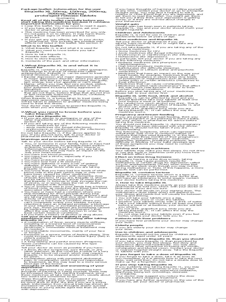 Biquelle XL 50mg, 150mg, 200mg, 300mg, 400mg Prolonged-Release Tablets ...