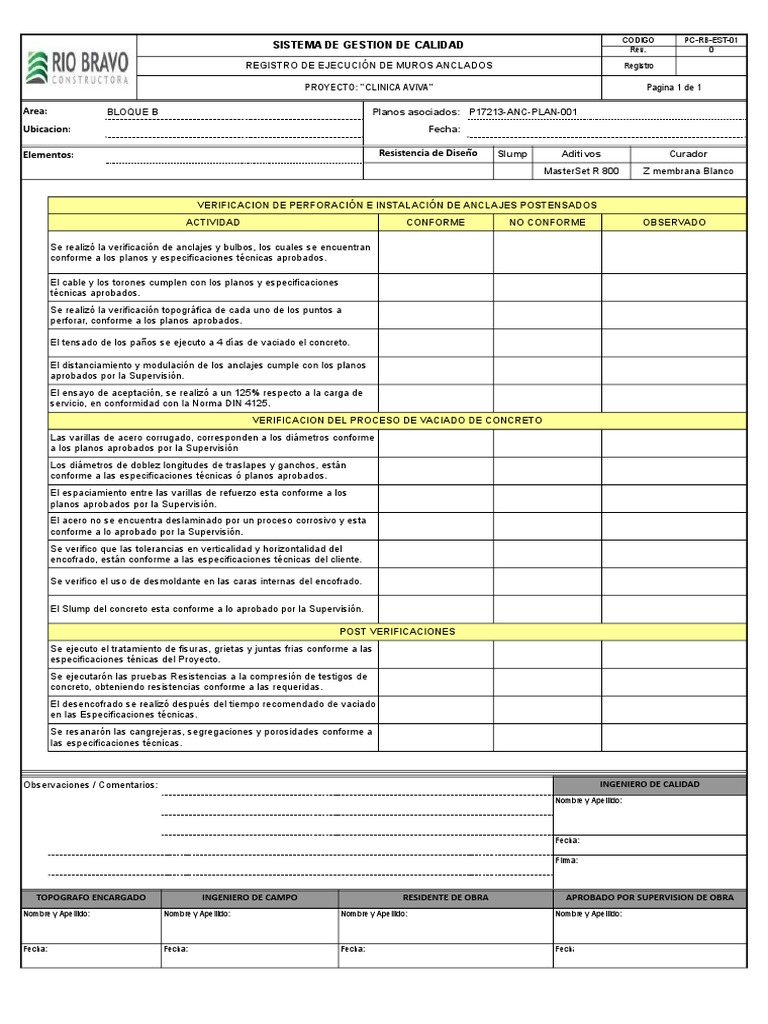 Modelo de Protocolo de Calidad | PDF | Hormigón | Acero