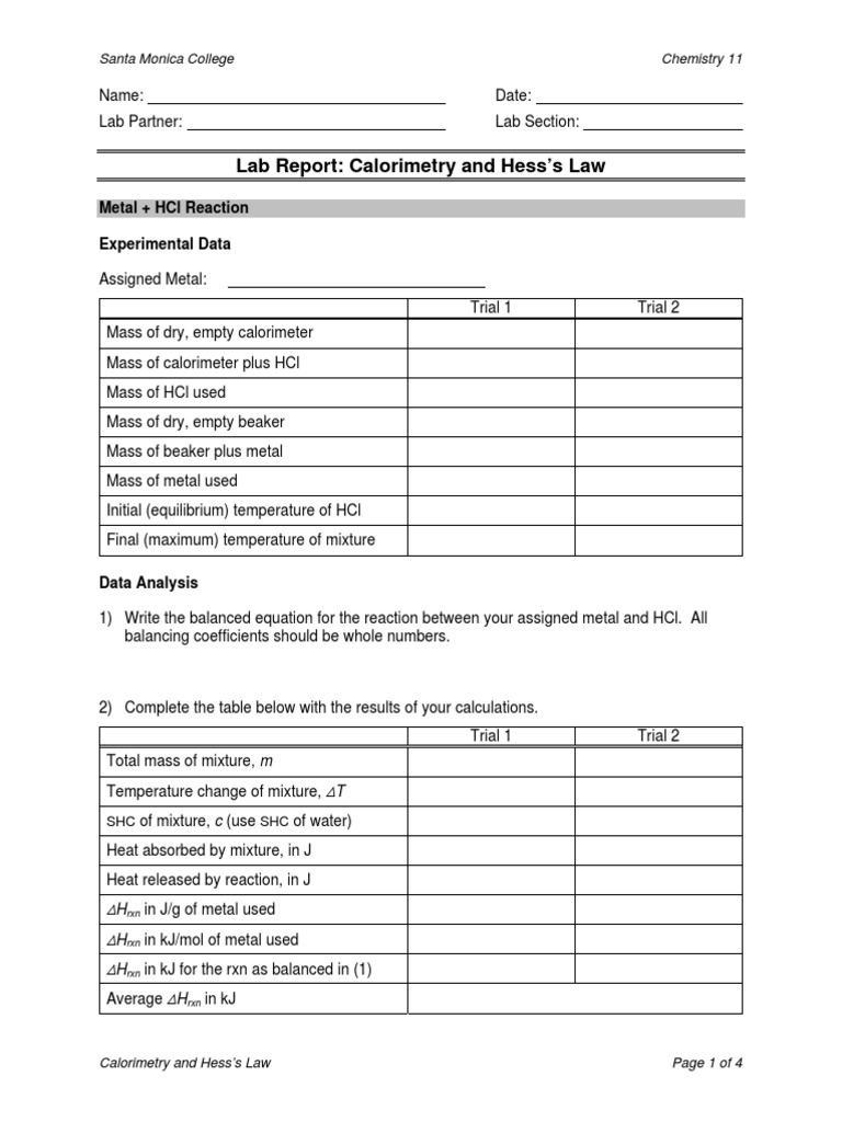 Lab Report: Calorimetry and Hess'S Law: Metal + HCL Reaction ...