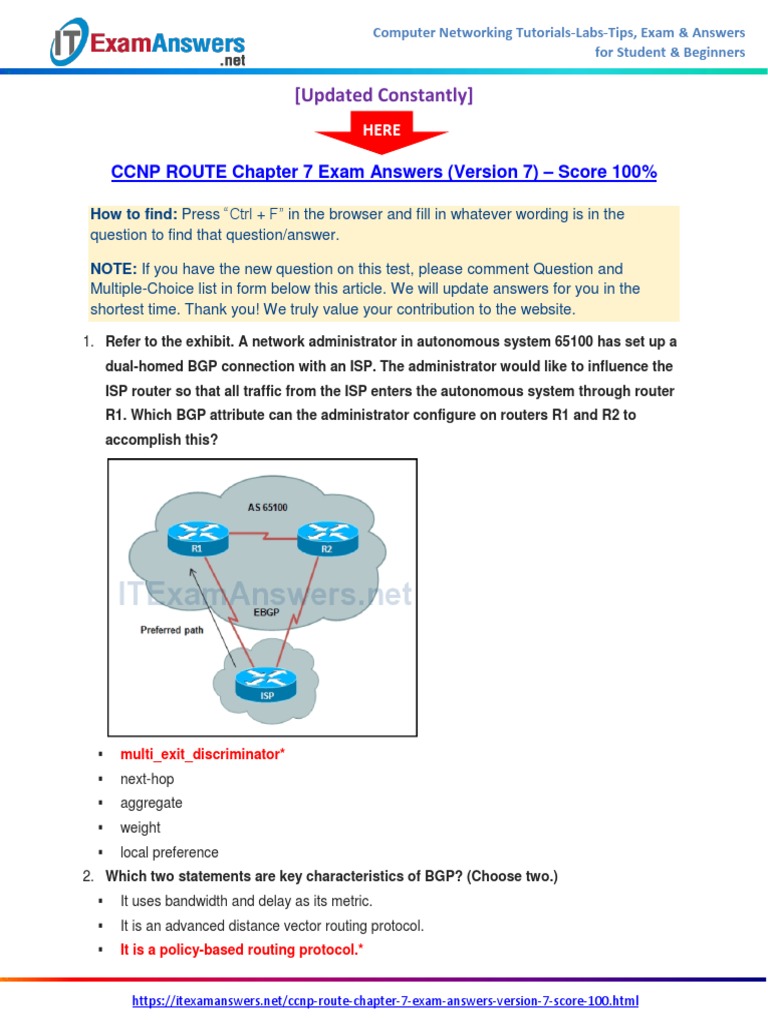 CCNP ROUTE Chapter 7 Exam Answers (Version 7) - Score 100% | PDF | Routing | Network Layer Protocols