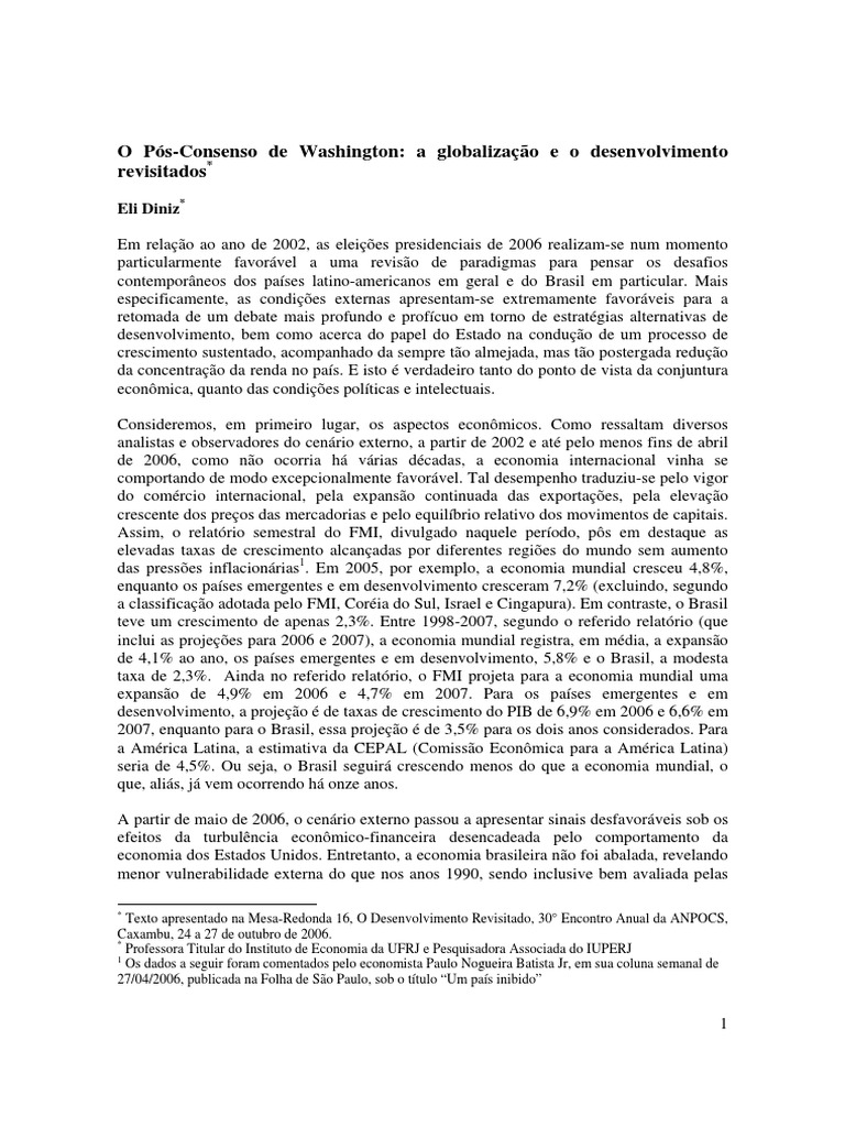 DINIZ, Eli. Pós-Consenso de Washington - A Globalização e o ...