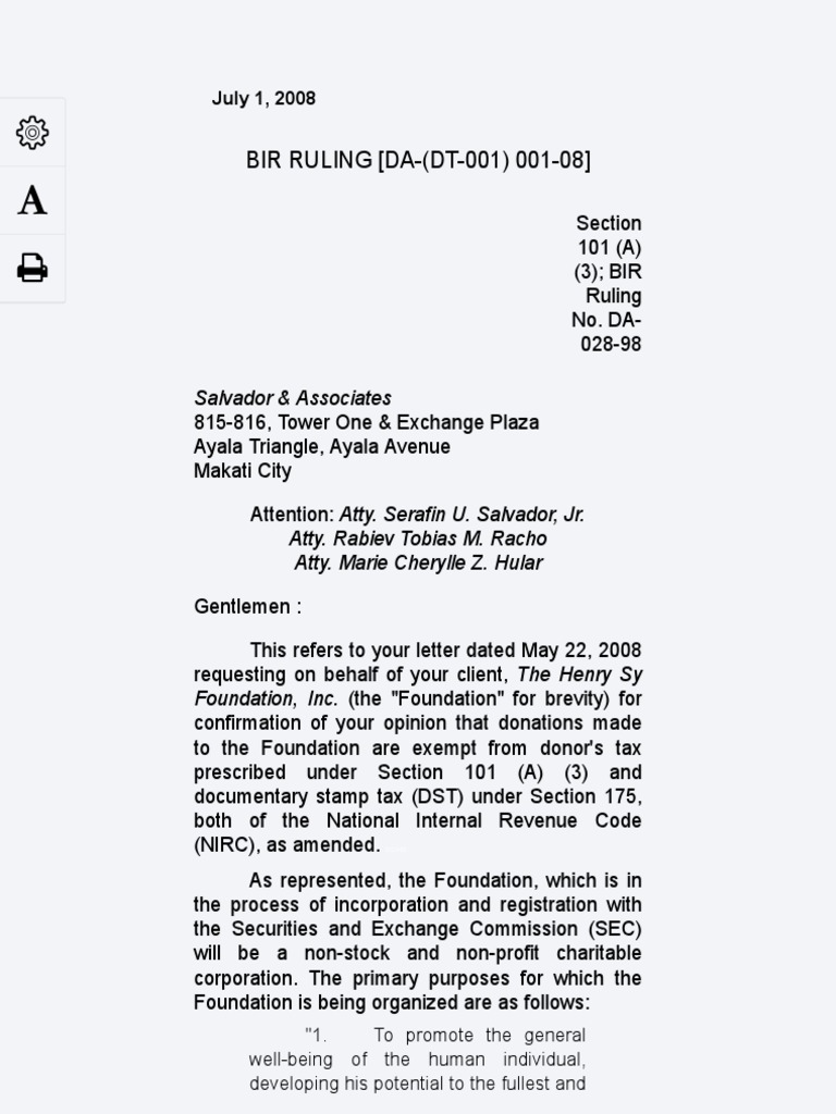 BIR Ruling on Donations to Non-Profits | PDF | Taxes | Donation