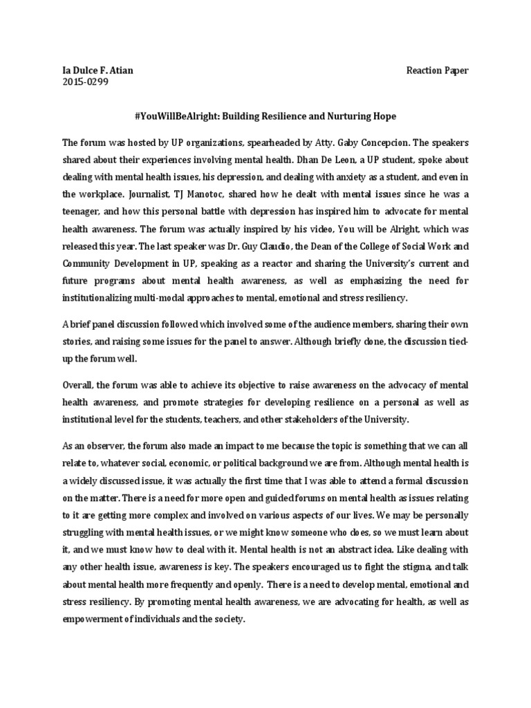 Reaction Paper | PDF | Psychological Resilience | Mental Health