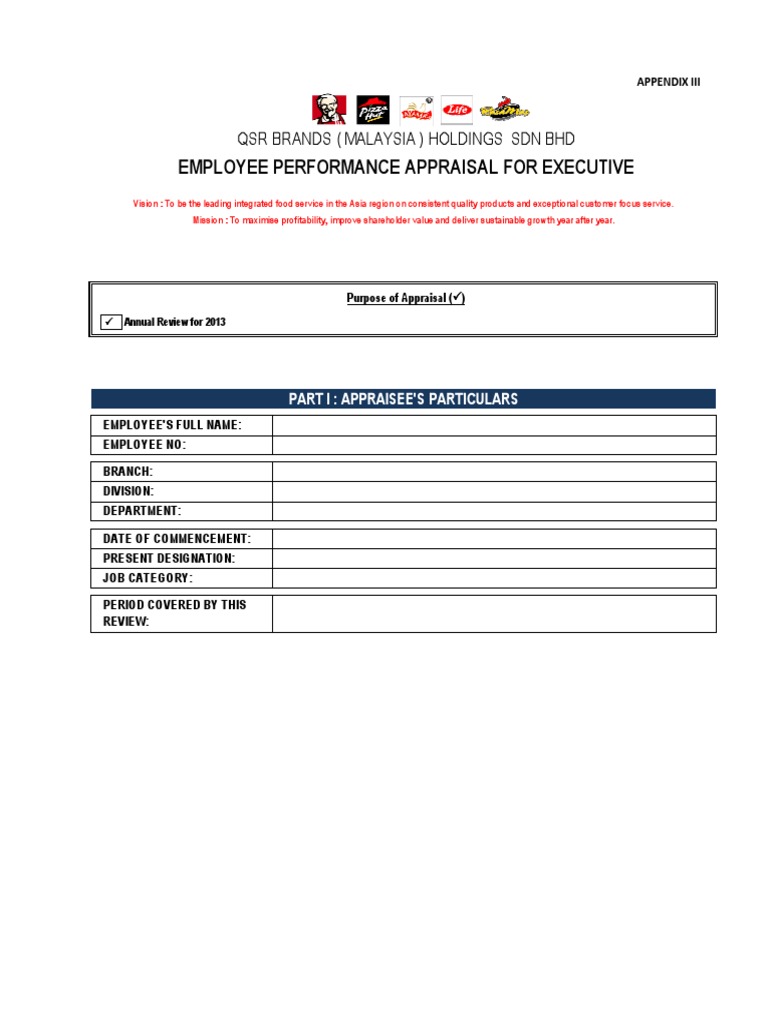 Employee Performance Appraisal For Executive: QSR Brands (Malaysia) Holdings SDN BHD | PDF ...