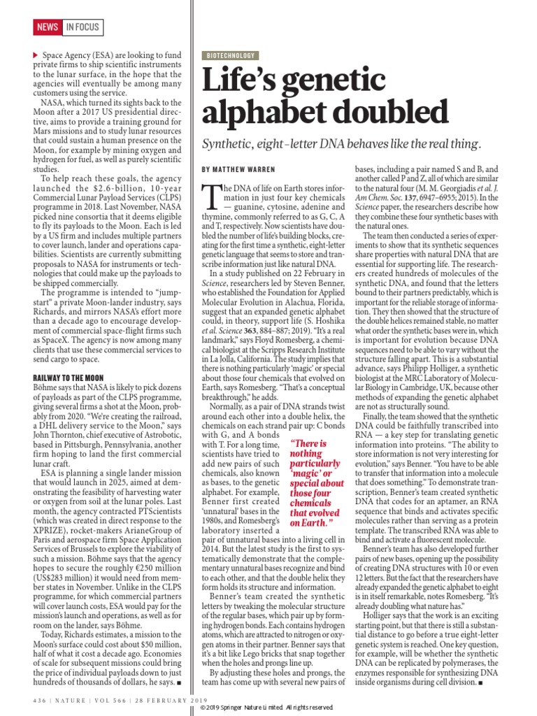 Life's Genetic Alphabet Doubled: Synthetic, Eight-Letter DNA Behaves ...