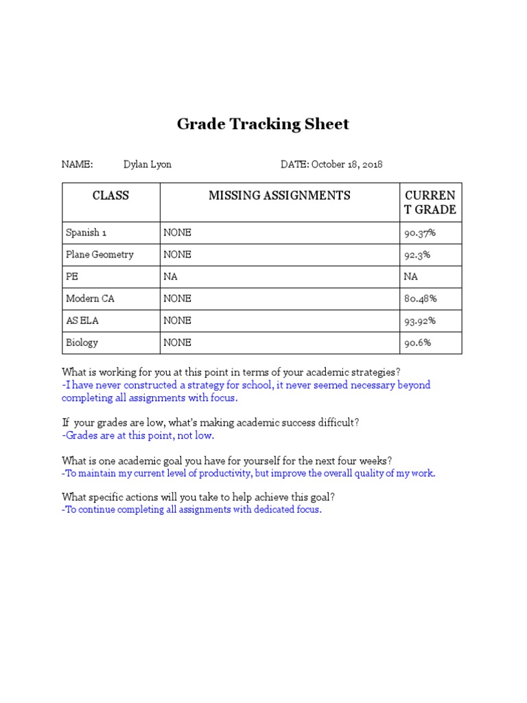 Grade Tracking Sheet 1 | PDF