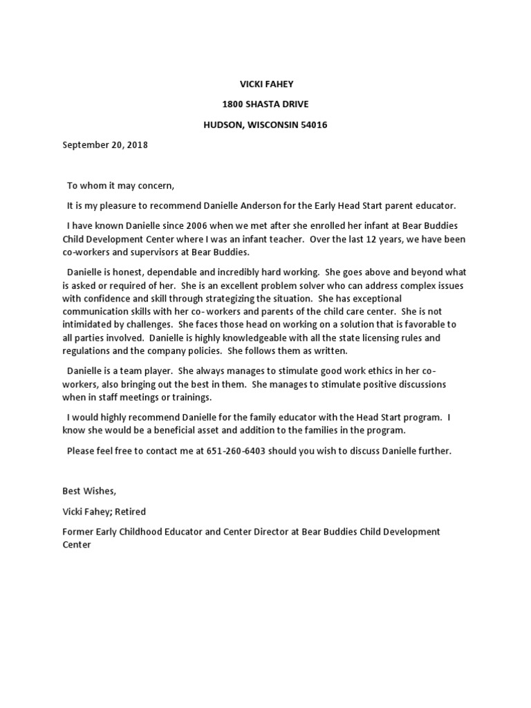 Vicki Fahey Letter of Recomendation | PDF | Career & Growth | Self ...