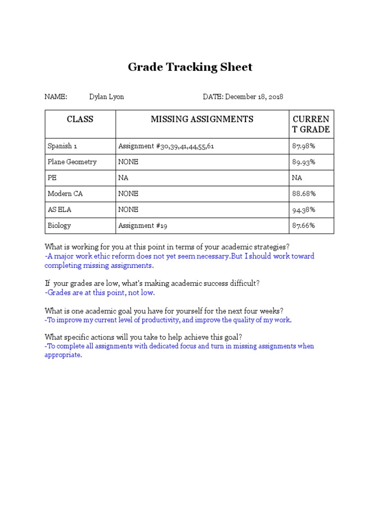 Grade Tracking Sheet 3 | PDF