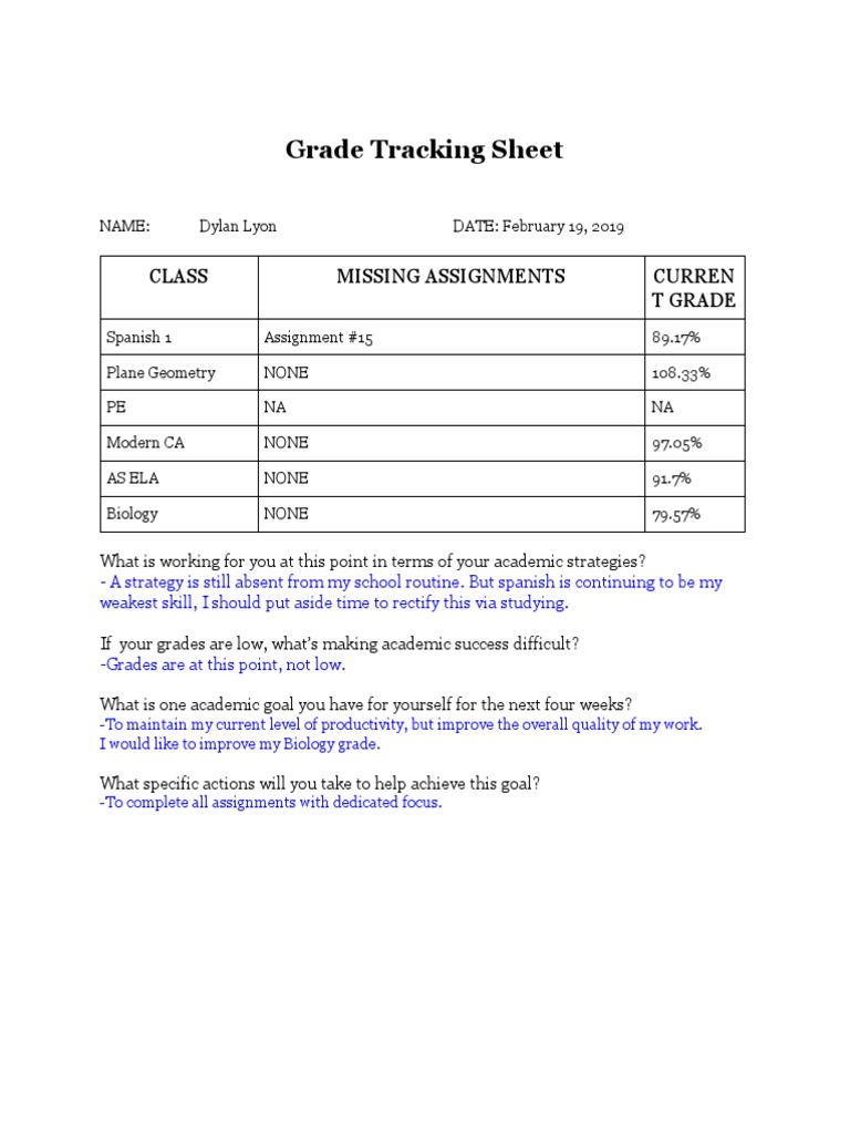 Grade Tracking Sheet 4 | PDF